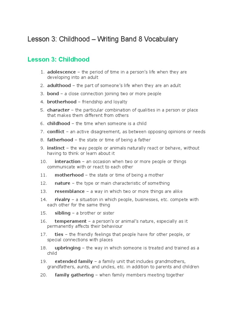 Lesson 3 Childhood - Writing Band 8 Vocabulary | PDF | Family | Parent