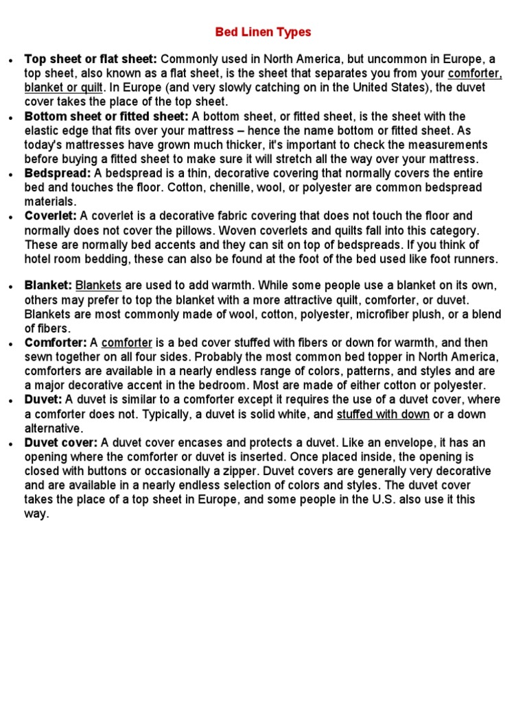 Types of Linen | PDF | Bedding | Pillow