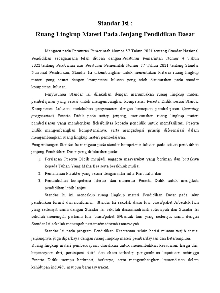 Ruang Lingkup Materi Standar Isi SD | PDF