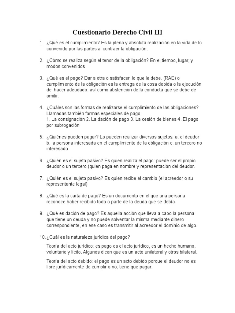 Cuestionario sobre Cumplimiento y Pago en Derecho Civil | PDF