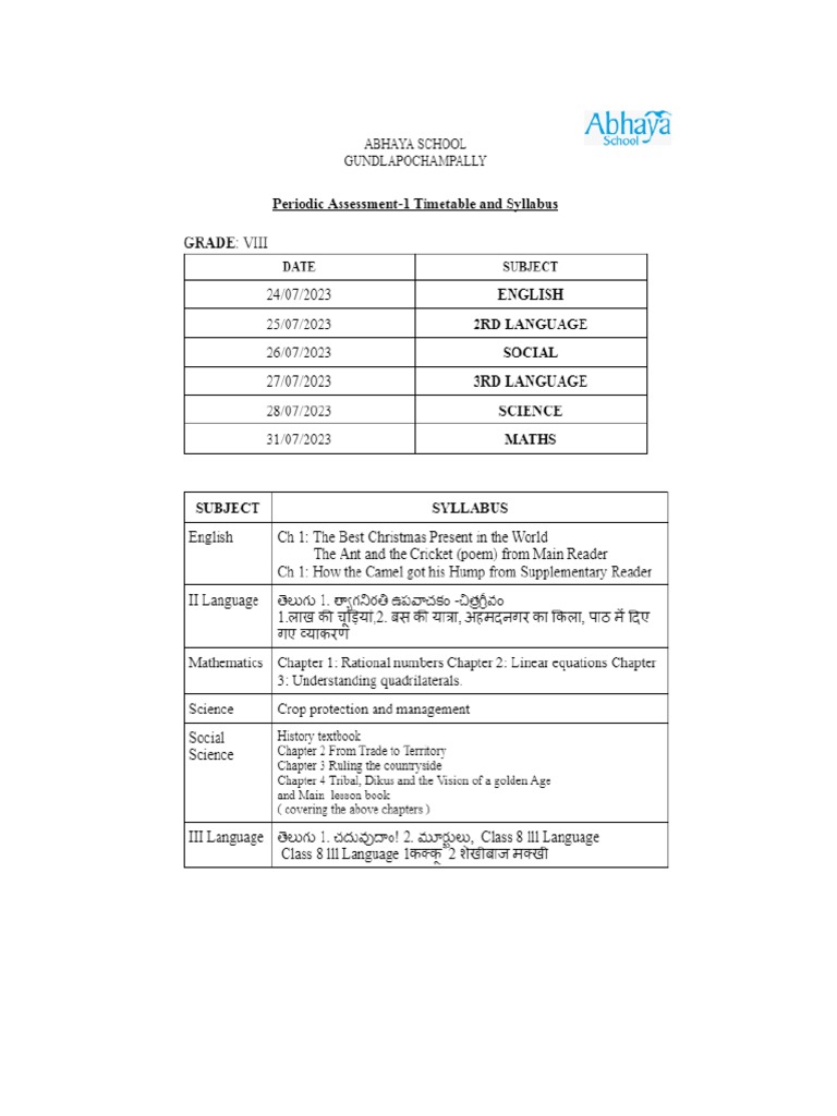 GRADE 8 PT-1 TIME TABLE AND SYLABUS | PDF