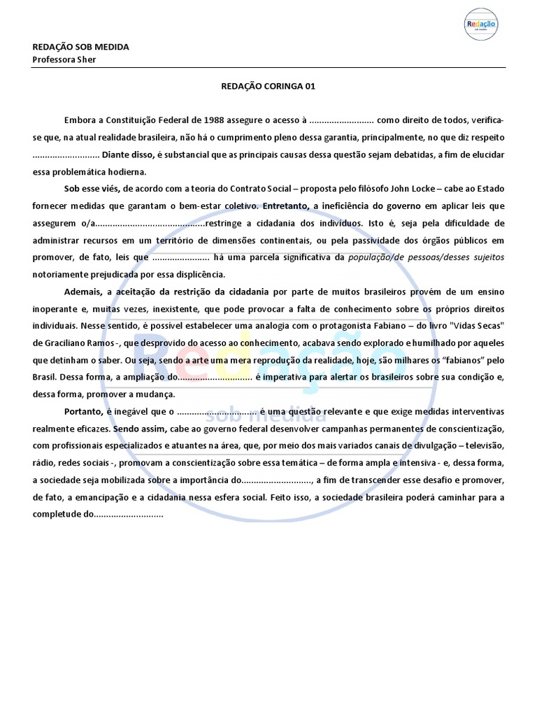 Modelo de Redação Coringa Sob Medida - 01 | PDF | Cidadania | Sociologia