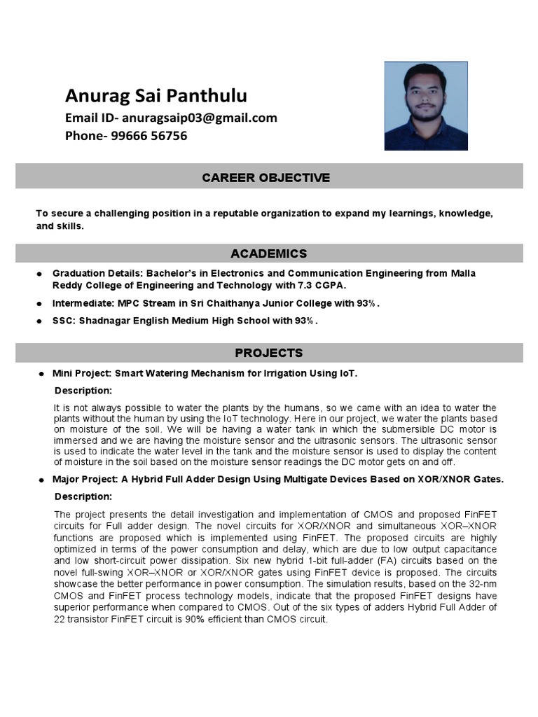 Anurag Sai Resume | PDF | Electronic Circuits | Electronic Design