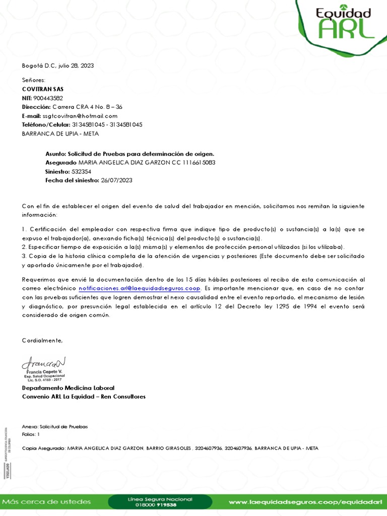 Carta de Solicitud de Pruebas Origen | PDF