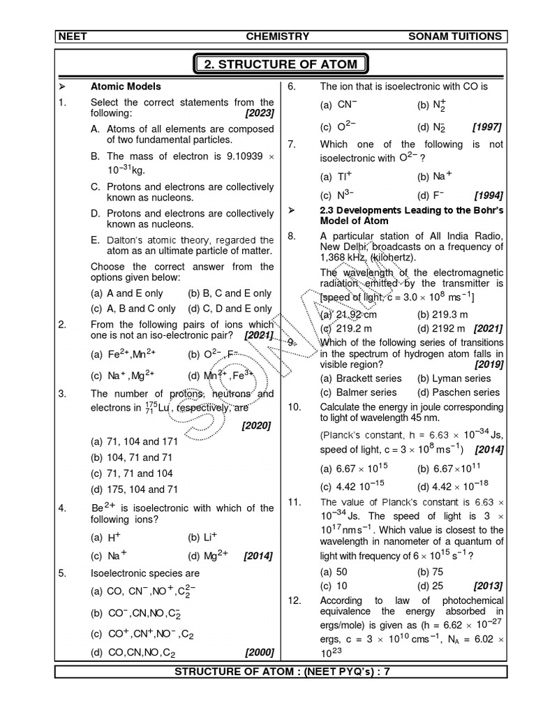 Structure of Atom NEET PYQ SOLUTION | PDF
