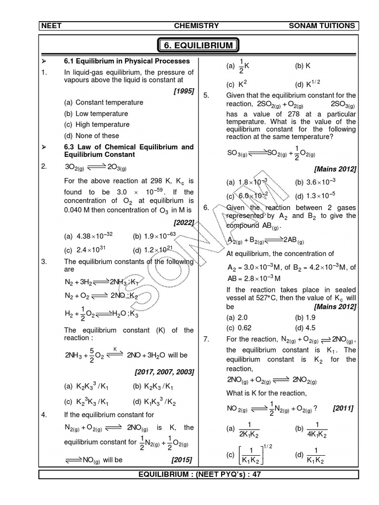 Equilibrium NEET PYQ SOLUTION | PDF | Chemical Equilibrium | Chemical Reactions