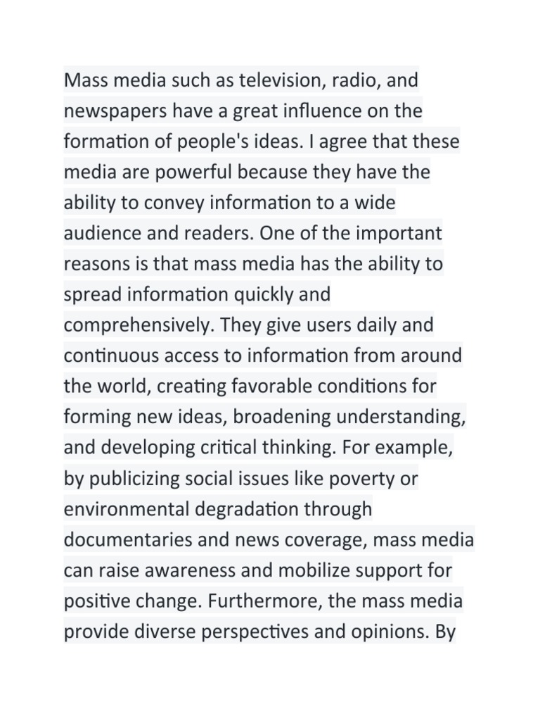 The Mass Media Including Televisions, Radio and Newspapers Have Great ...