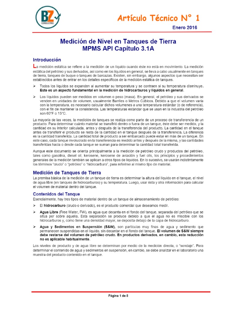 Medición de Nivel en Tanques de Tierra MPMS API Capítulo 3.1A - PDF Descargar Libre | PDF