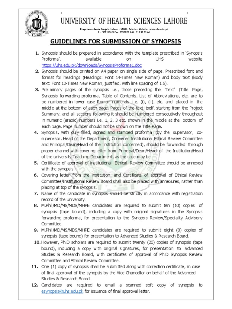 UHS Synopsis Submission Guidelines | PDF
