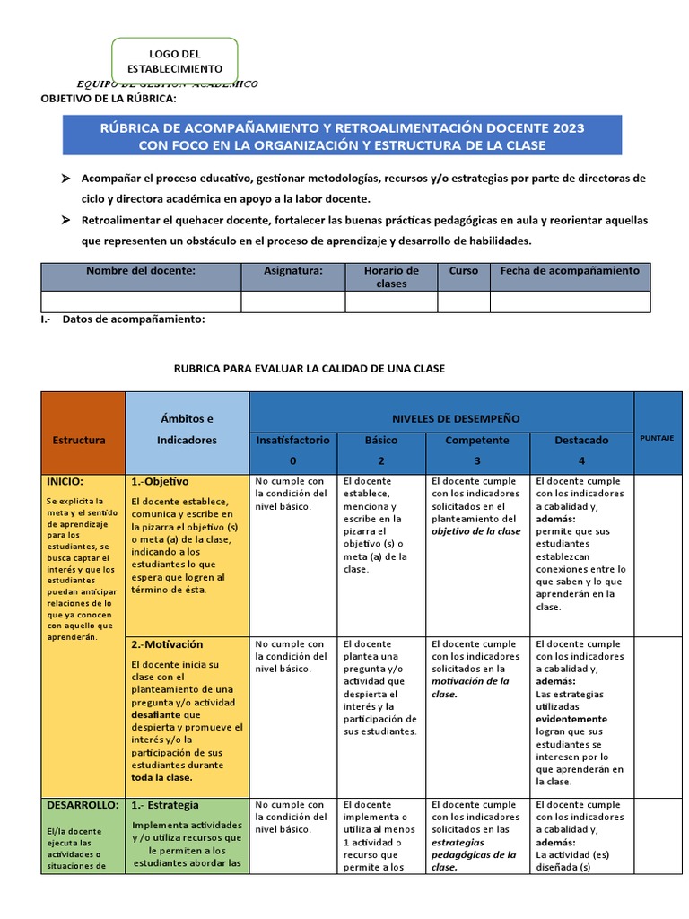 Pauta Supervisión de Clases Según Mbe 2023 | PDF