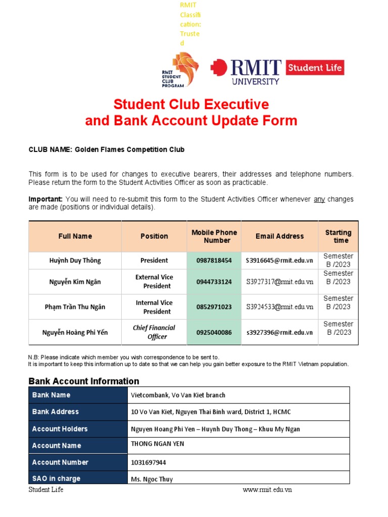 Club Executive and Bank Account Update Form | PDF