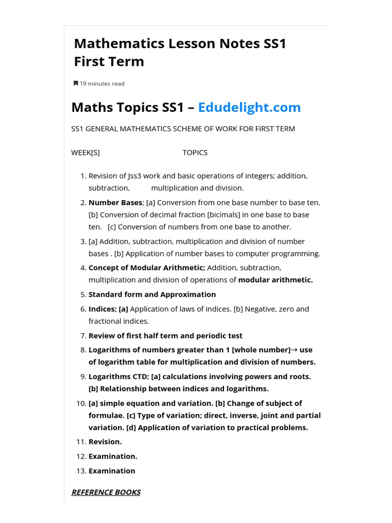 Mathematics Lesson Notes SS1 First Term | PDF