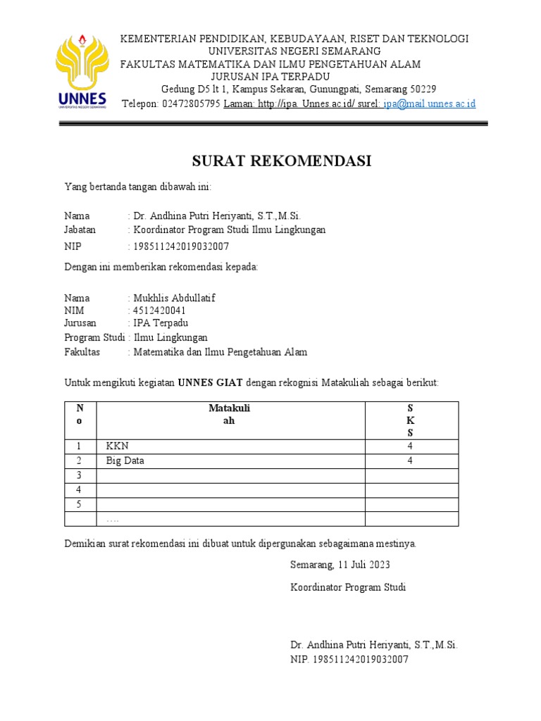 Mukhlis Abdullatif - Surat Rekomendasi UNNES GIAT 6 | PDF