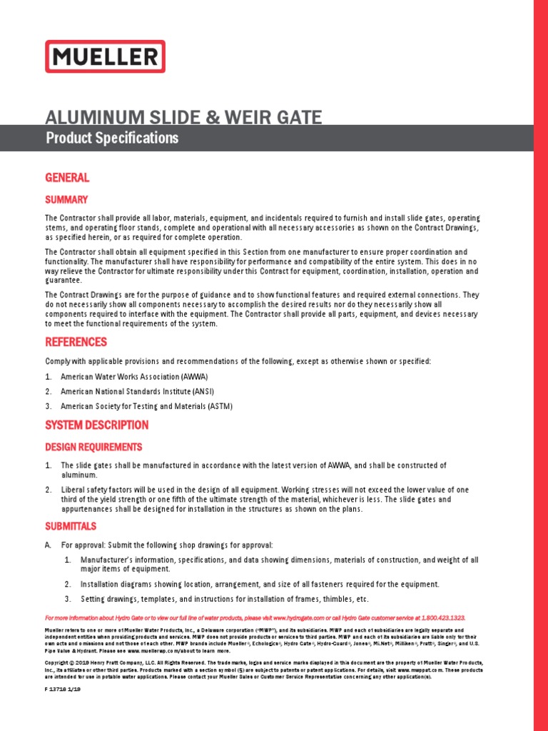 Hydro Gate Spec Sheet Aluminum Slide Weir Gate | PDF