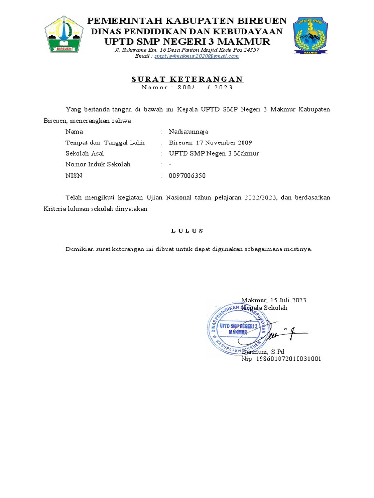 Surat Keterangan Lulus | PDF
