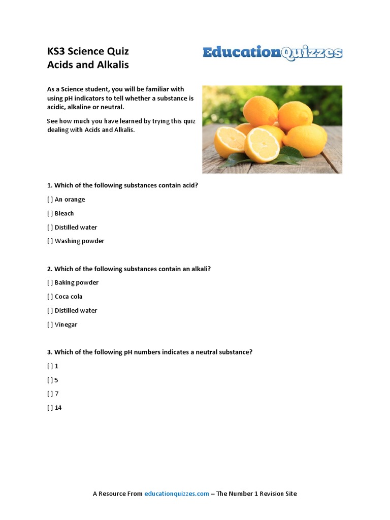 KS3 Quiz: Acids and Alkalis MCQs | PDF | Acid | Ph