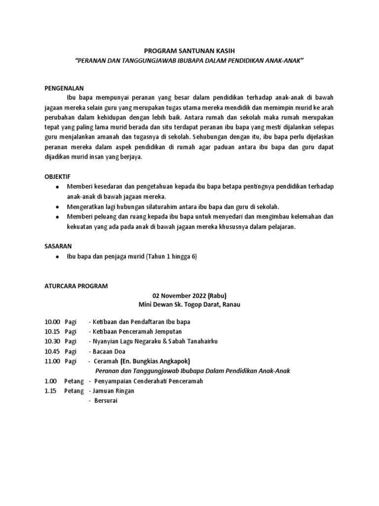 Program Santunan Kasih - Peranan Dan Tanggungjawab Ibubapa Dalam Pendidikan Anak-Anak | PDF