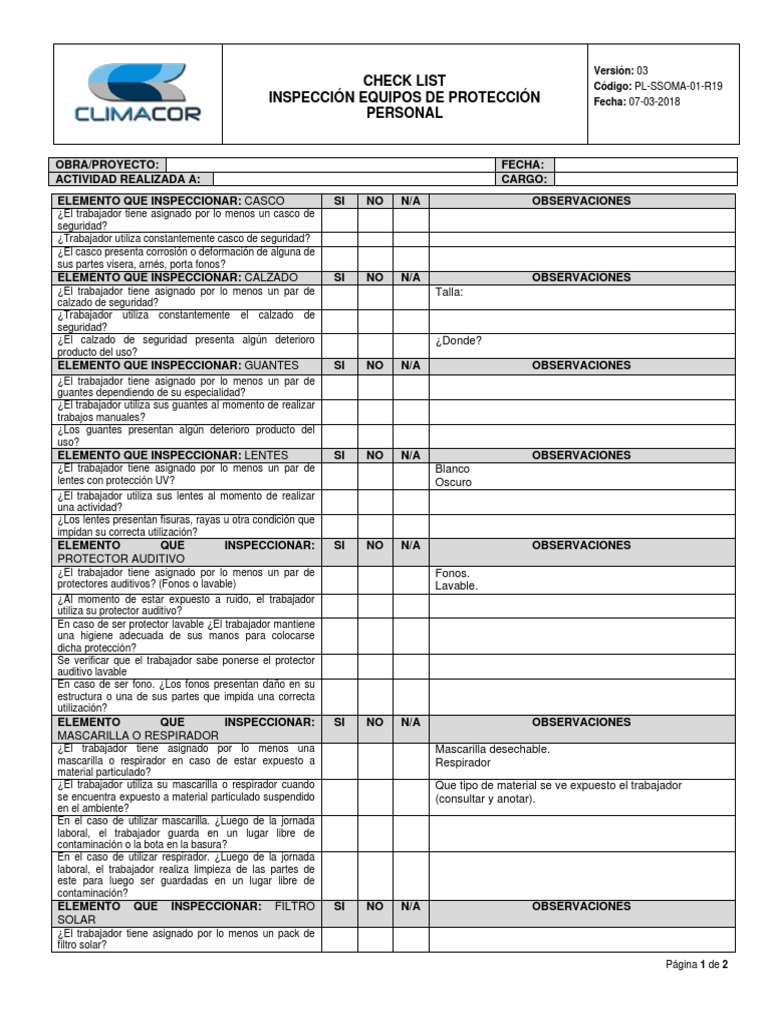 PL-SSOMA-01-R19 Check List Inspección EPP | PDF