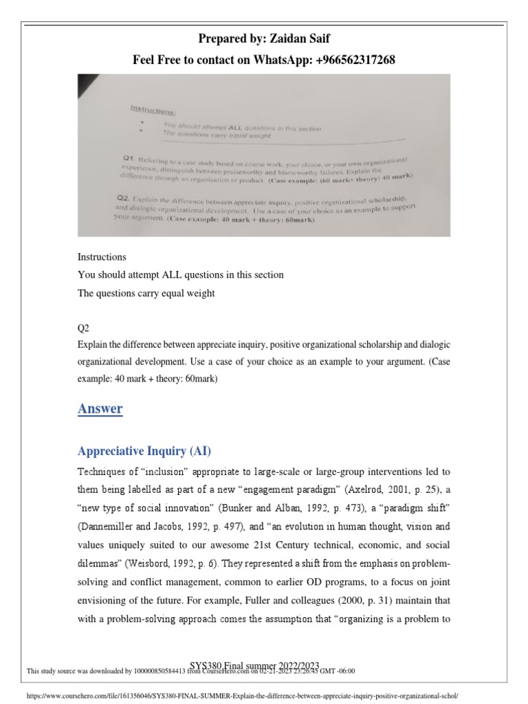 SYS380 FINAL SUMMER Explain The Difference Between Appreciate Inquiry Positive Organizational ...