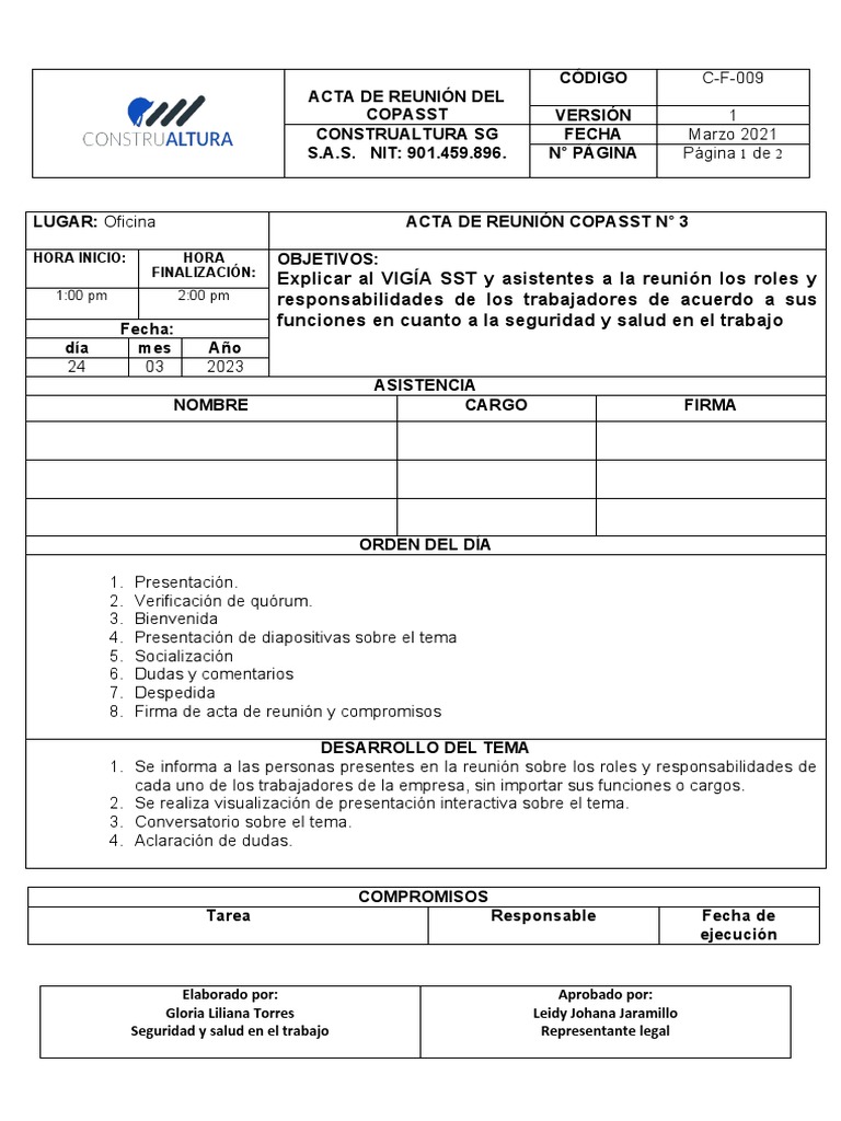 C-F-009 FORMATO Acta de Reunión Copasst | PDF