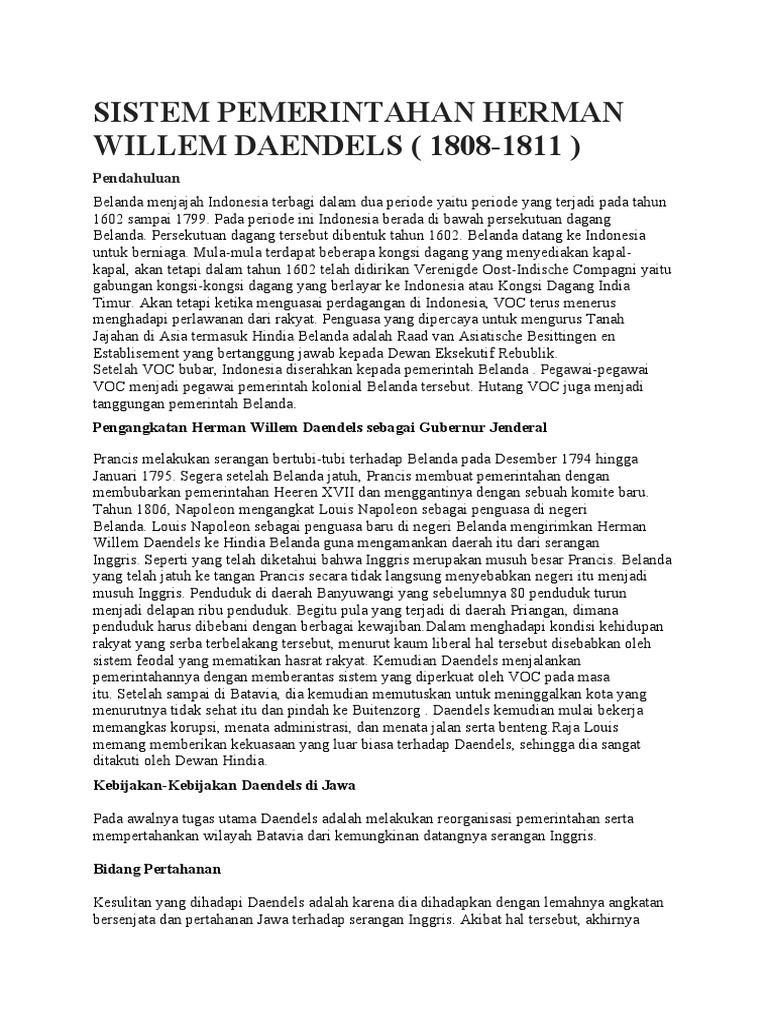 Sistem Pemerintahan Herman Willem Daendels | PDF | Sejarah