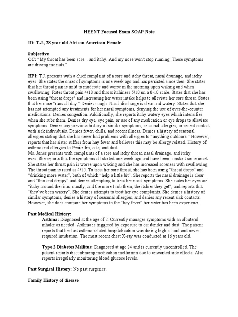 HEENT Focused Exam Soap Note | PDF | Allergen | Allergy