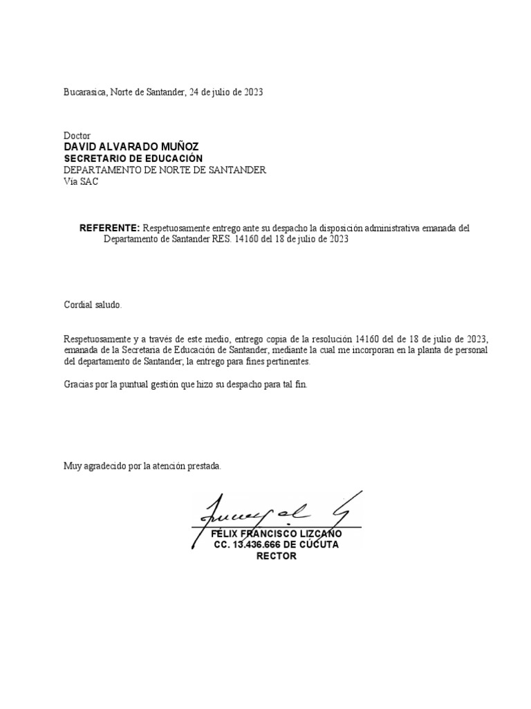 Radicado Entrega A SED De La Resoluci n 14160 PDF