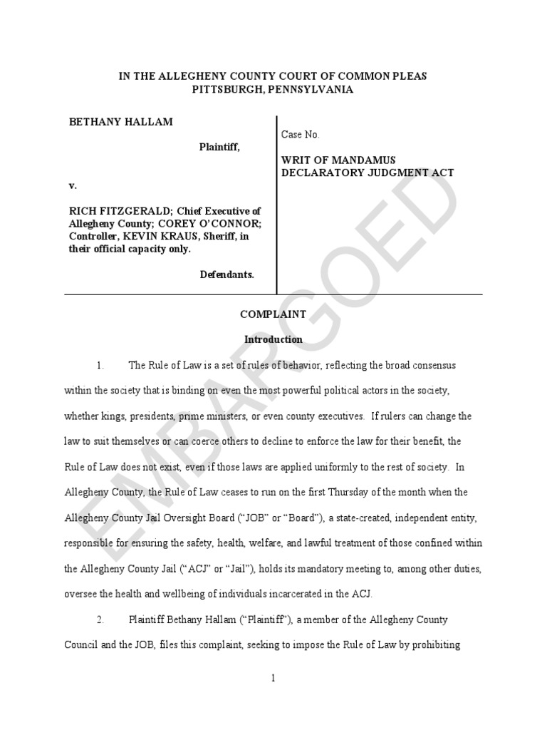 Hallam V Fitzgerald EMBARGOED Complaint | PDF | Legal Remedy | Prison