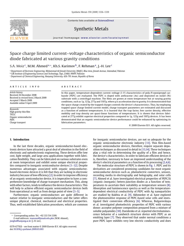 Space Charge Limited Current-Voltage Characteristics of Organic ...