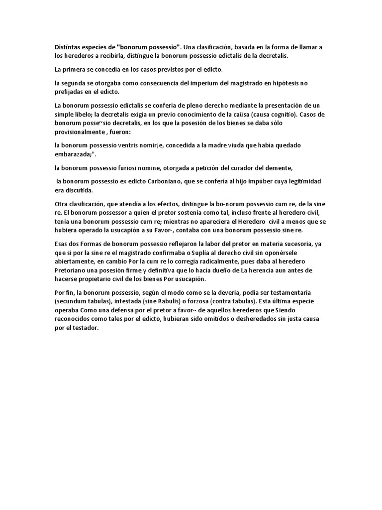 Distintas Especies de "Bonorum Possessio". Una Clasificación, Basada en ...