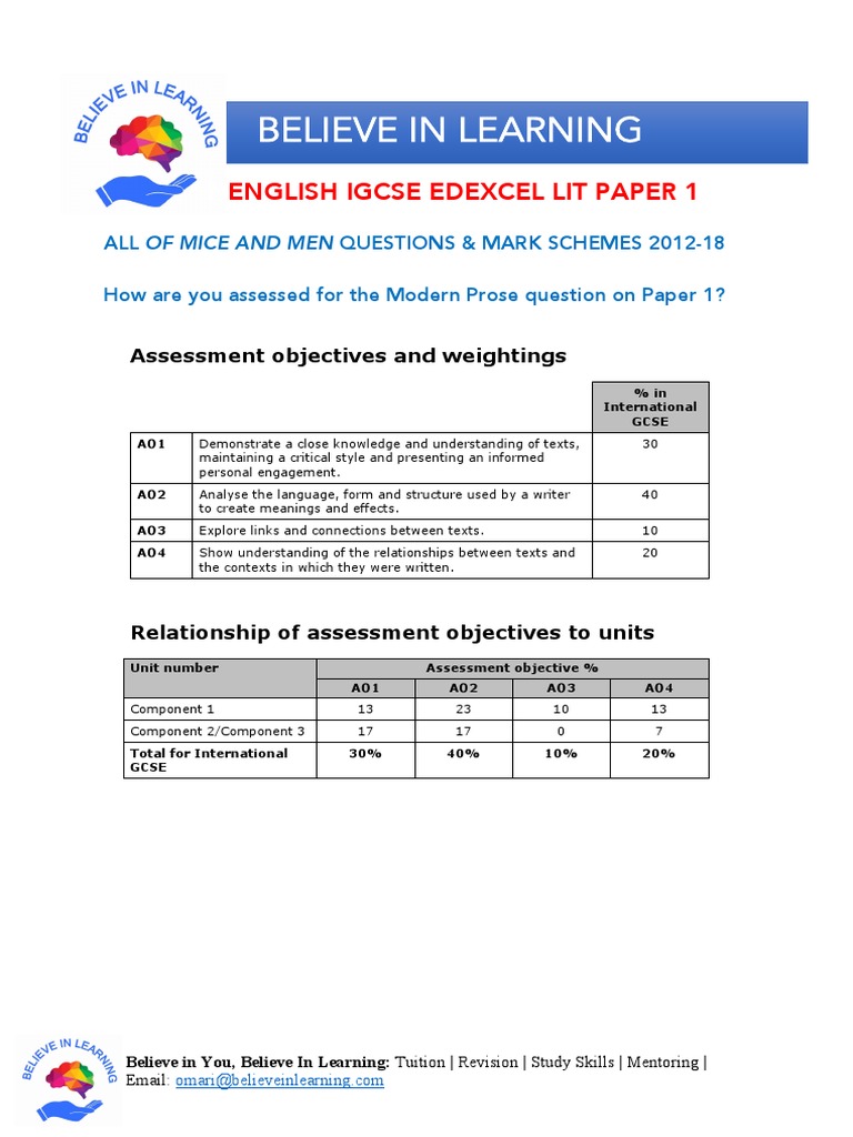 All Past Questions - Mark Schemes For of Mice and Men 2012 8 Edexcel ...