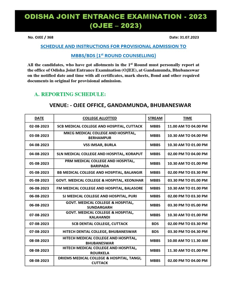Odisha Joint Entrance Examination - 2023 (OJEE - 2023) | PDF | Dental Degree | Health Care