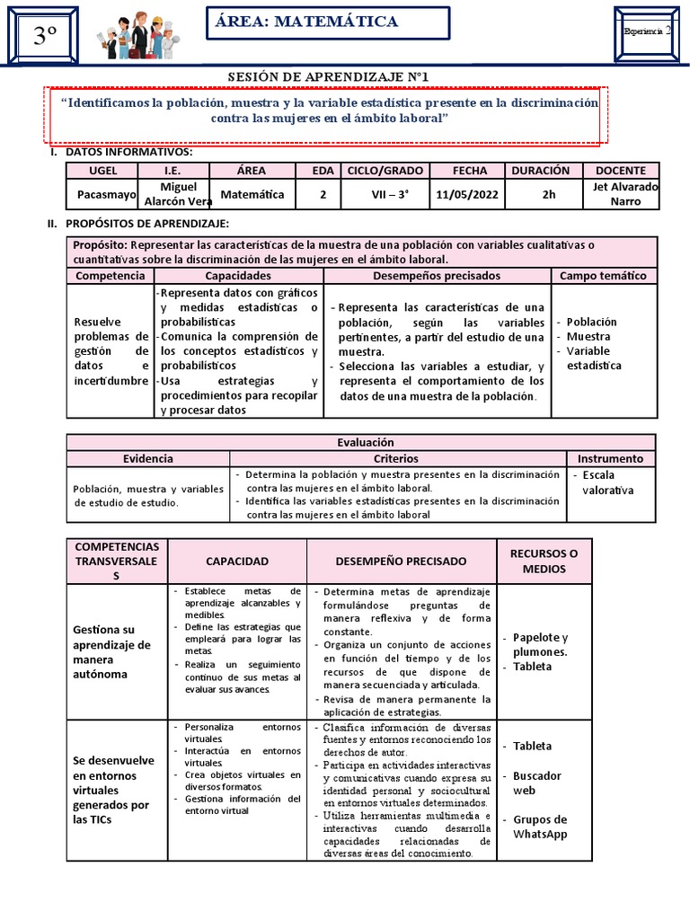3° Sesión de Aprendizaje Sesión 1-Sem.1-Exp.2-Matemática | PDF | Evaluación | Estadísticas
