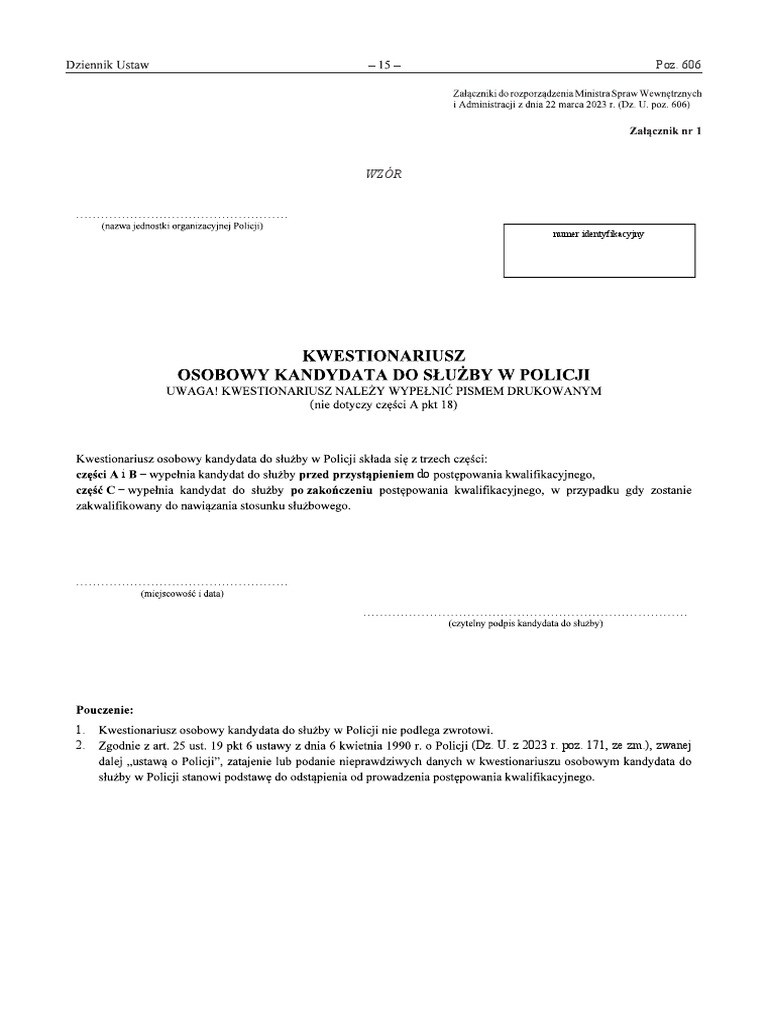 Kwestionariusz Osobowy Kandydata Do Sluzby W Policji Marzec 2023 | PDF