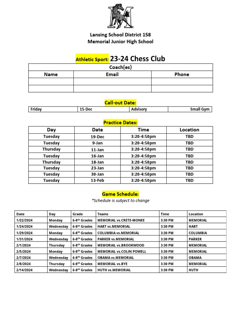 23-24 Chess - Mjhs Athletic Practices and Schedule | PDF
