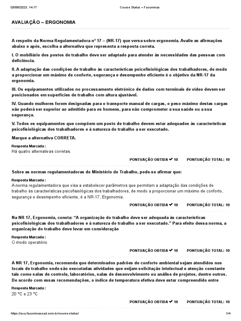 Avaliação Ergonomia– Facuminas | PDF