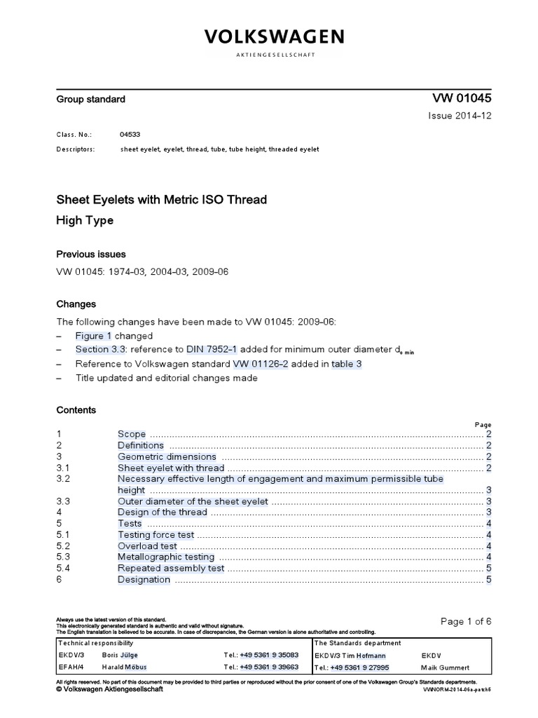 VW 01045: Sheet Eyelet Standards | PDF | Screw | Building Materials