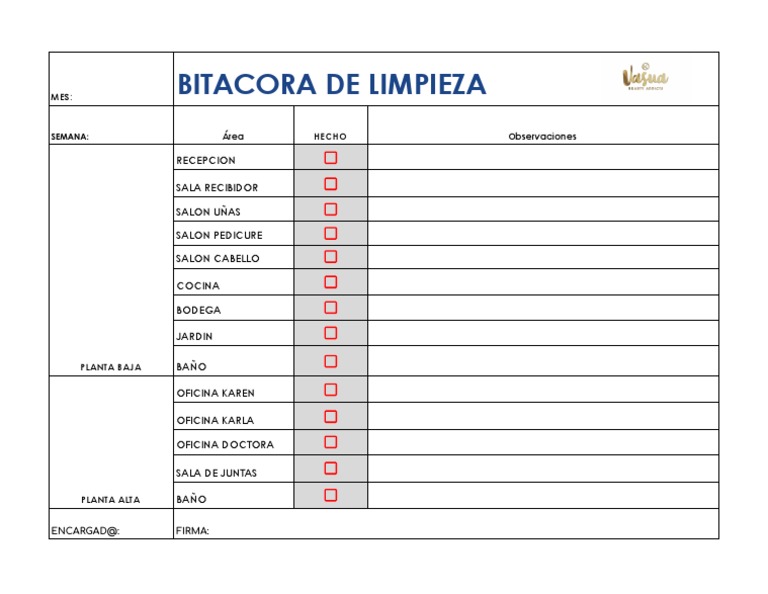 Bitacora de Limpieza Vasua - BITACORA LIMPIEZA | PDF