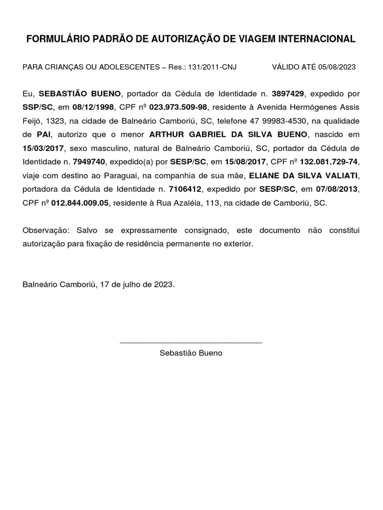 Formulário Padrão de Autorização de Viagem Internacional | PDF