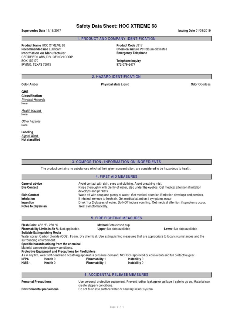 MSDS Hoc Xtreme 68 | PDF | Personal Protective Equipment | Water