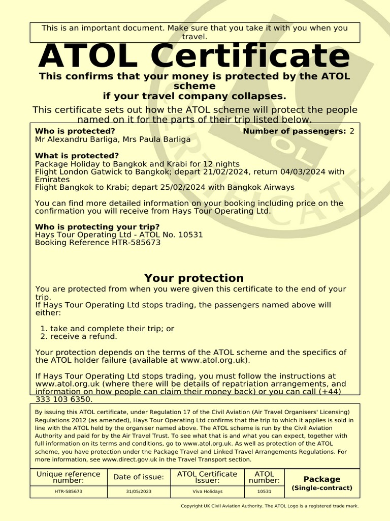 ATOL Certificate | PDF | Transport | Aviation
