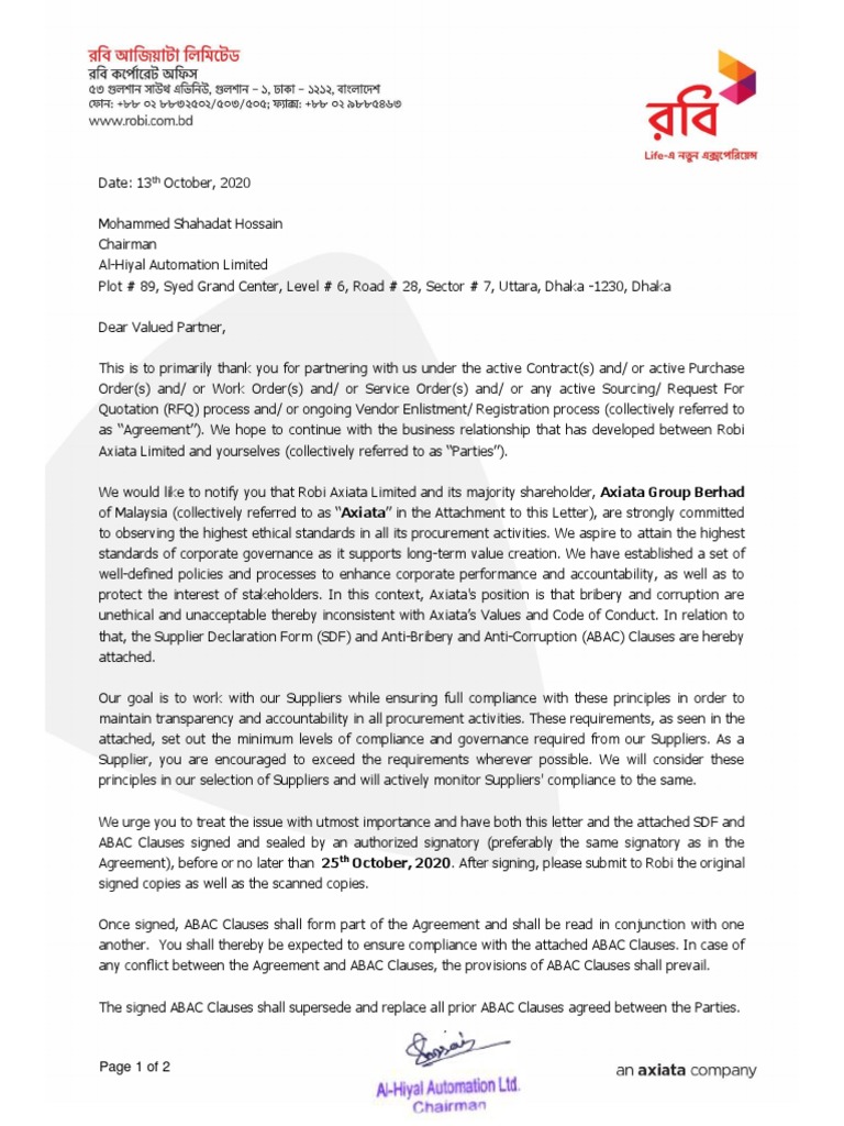 ABAC - SDF Execution Letter | PDF | Procurement | Governance