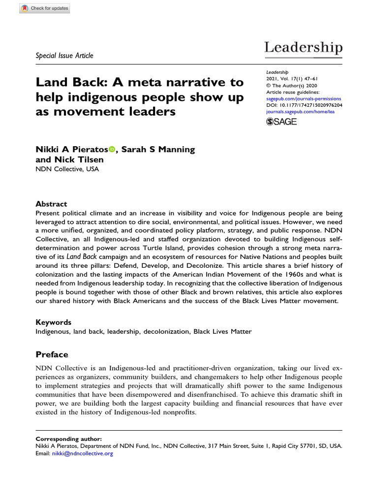 Pieratos Et Al 2020 Land Back A Meta Narrative To Help Indigenous ...