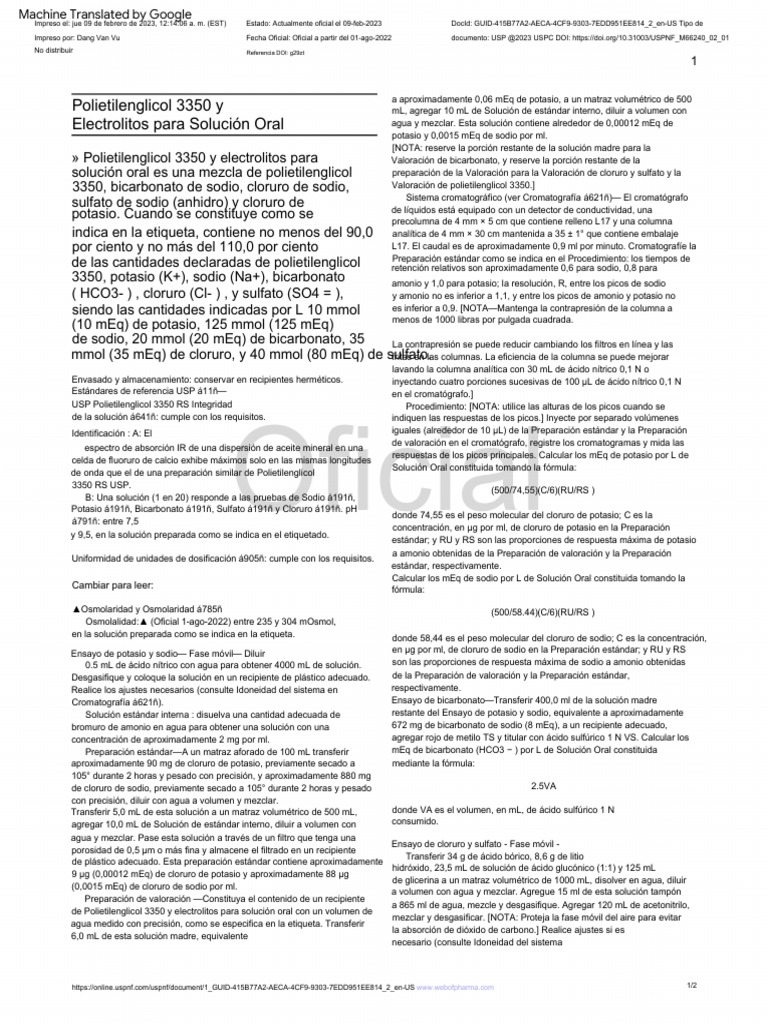 Polyethylene Glycol 3350 and Electrolytes For Oral Solution | PDF ...