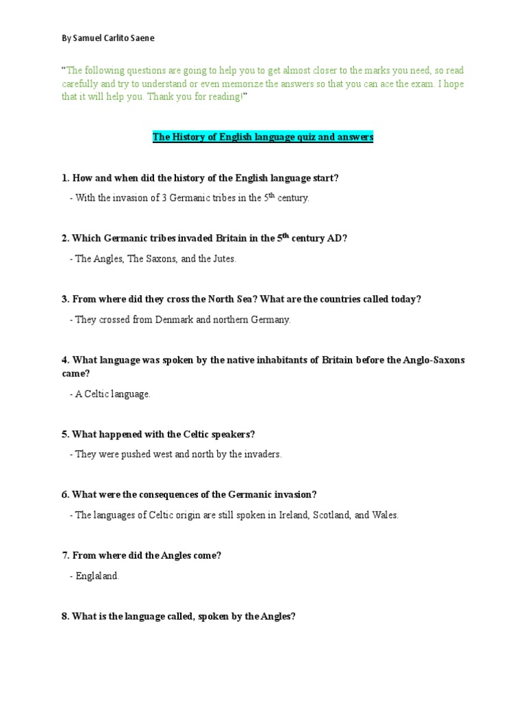 English Language History Quiz & Answers | PDF | English Language ...