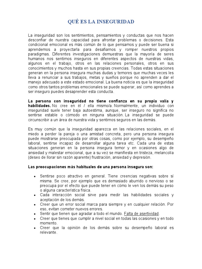 Qué Es La Inseguridad y Como Superarla | PDF | Autoestima | Las emociones