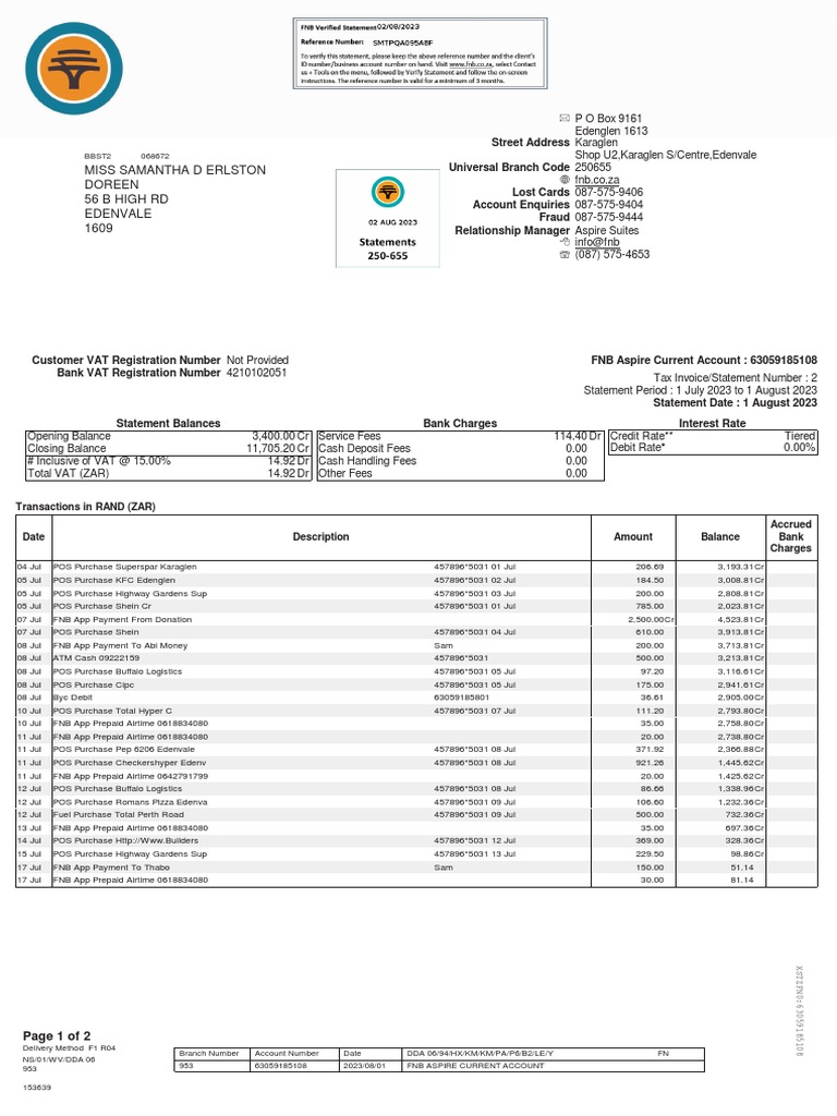 Miss Samantha D Erlston Doreen 56 B High RD Edenvale 1609: Transactions ...