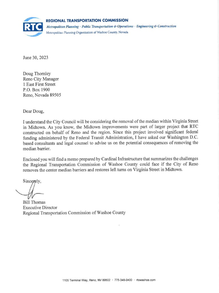RTC Letter To City Manager Regarding Removal of Virginia ST Medians | PDF