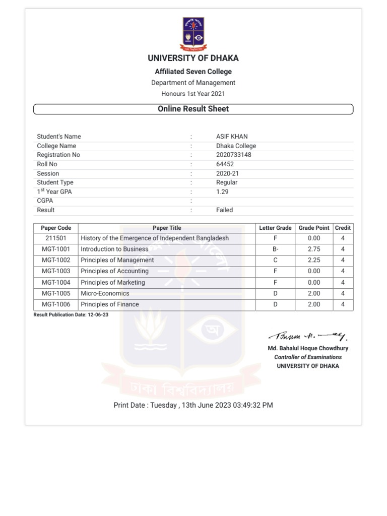 2021 Honours 1st Year Result Sheet | PDF