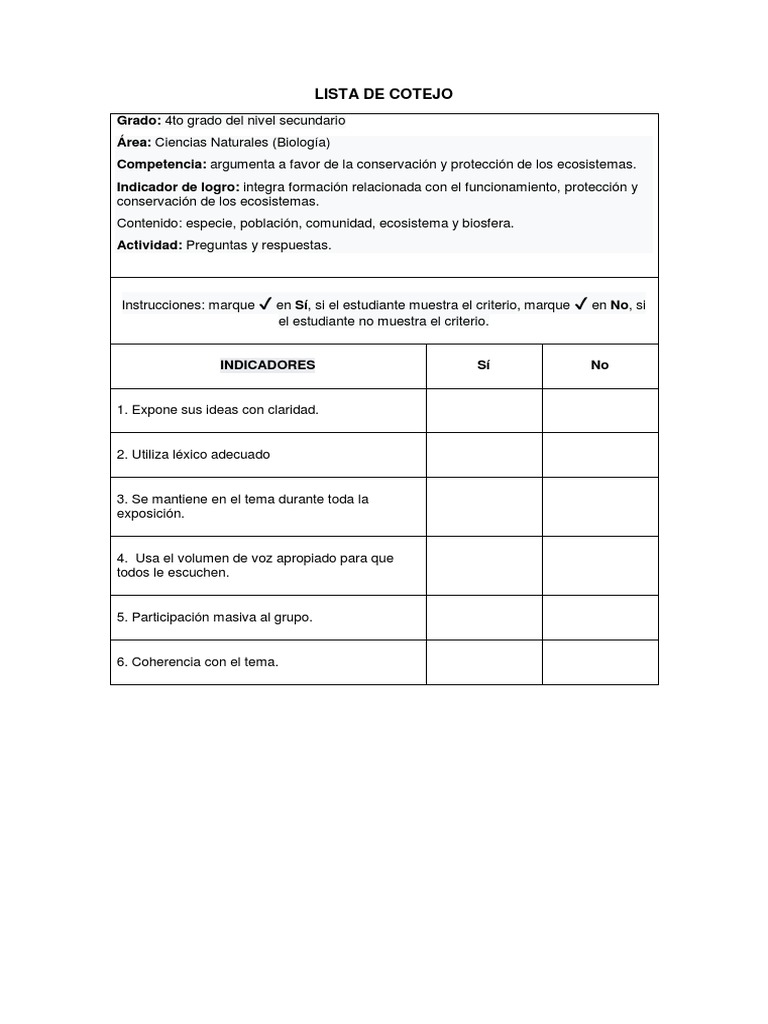 Lista de Cotejo 4to Ecosistema | PDF